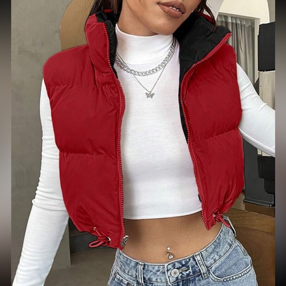 Jackets & Coats | Red Zip Up Reversible Drawstring Puffer Vest | Poshmark